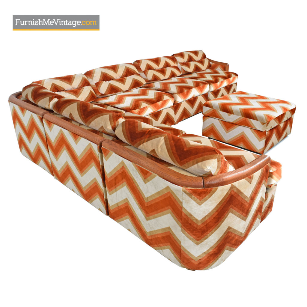 Orange Velour Sofa Chevron Pit Group Sectional - Milo Baughman Style
