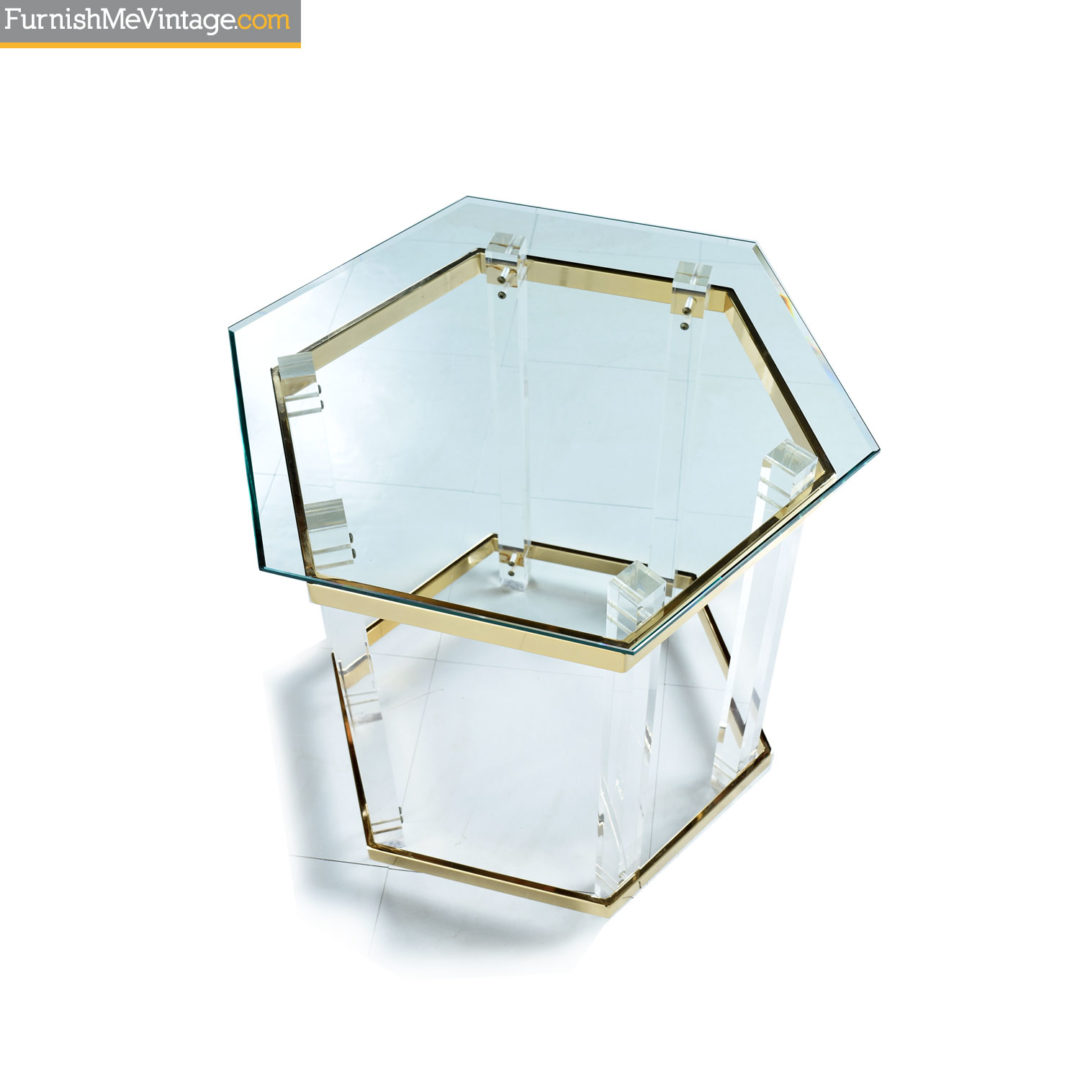 Brass Gold Colored Lucite Acrylic Hexagon Glass Side Tables