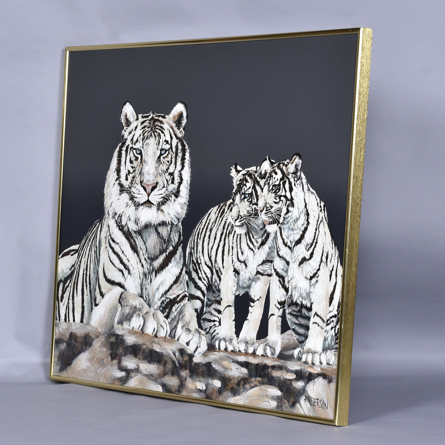 Vintage 1970s Large Scale White Tigers Painting by Anderson - Furnish ...