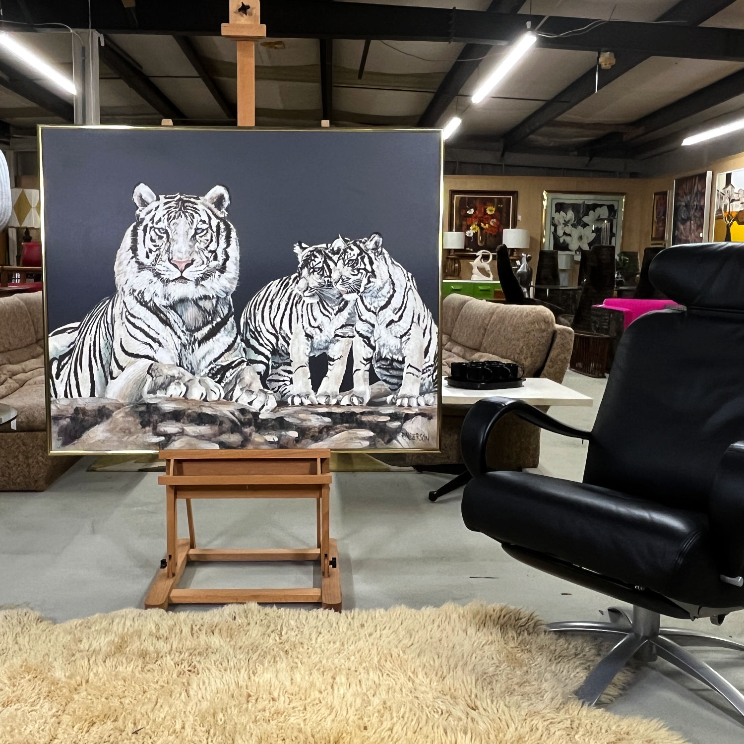 Vintage 1970s Large Scale White Tigers Painting by Anderson - Furnish ...